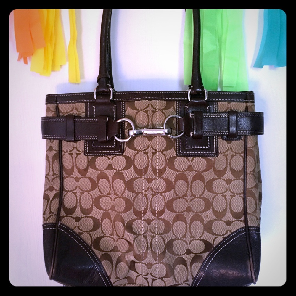 Coach Signature Print Structured Purse - Gem